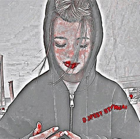 A Drawing Of A Woman With Blood On Her Face And Hands In Front Of Her Chest