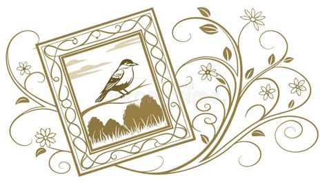 Bird In An Ornate Framed Picture With Decorative Scrollwork Vector