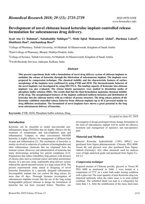 Pdf Development Of Novel Chitosan Based Ketorolac Implant Controlled Release Formulation For