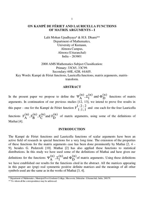Pdf On KampÉ De FÉriet And Lauricella Functions Of Matrix Arguments I