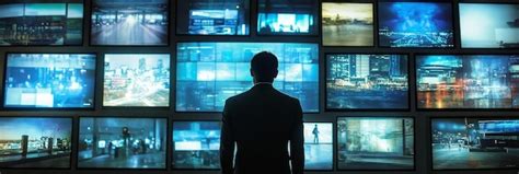 A Man Stands In Front Of A Large Video Wall Symbolizing Security Monitoring Control Data An