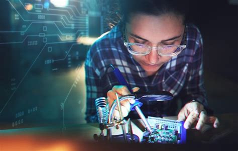 Premium Photo Woman Engineer And Motherboard With Microchip Electronics Or Soldering Iron With
