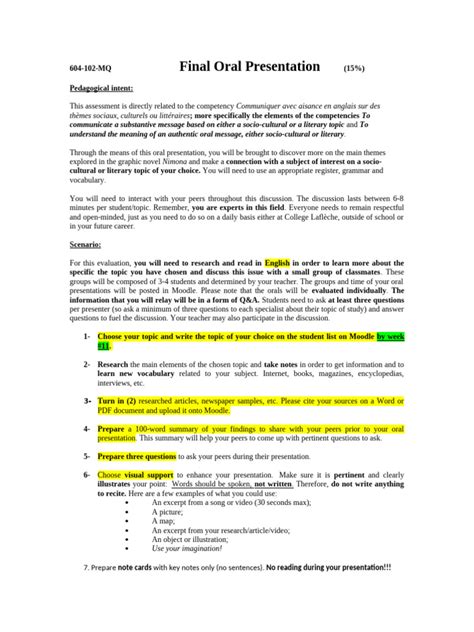 Final Oral Evaluation Instructions And Assessment Grid 2 Pdf Linguistics Grammar