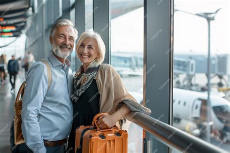 Traveler Smiling Couple Of Mature Elderly People In Airport Area For