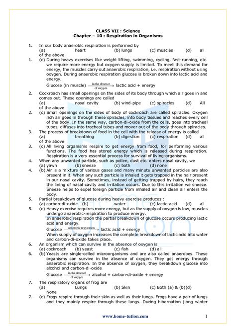 Question And Answer For Class 7 Science Chapter 10 Respiration In Organisms