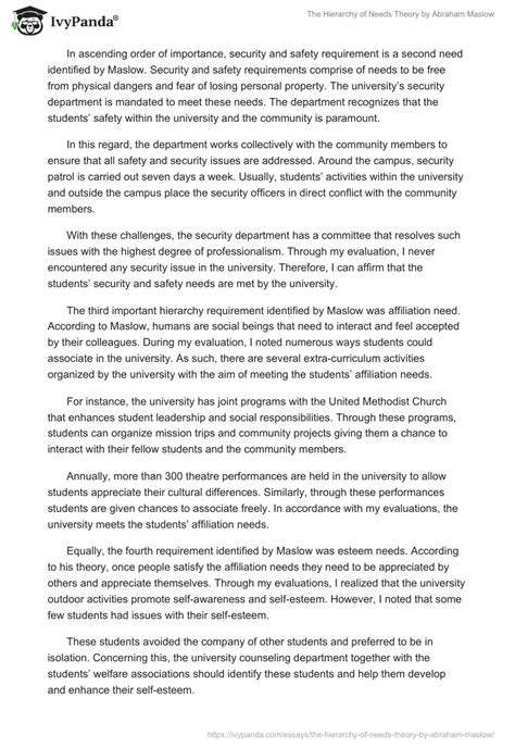 The Hierarchy Of Needs Theory By Abraham Maslow Words Essay Example