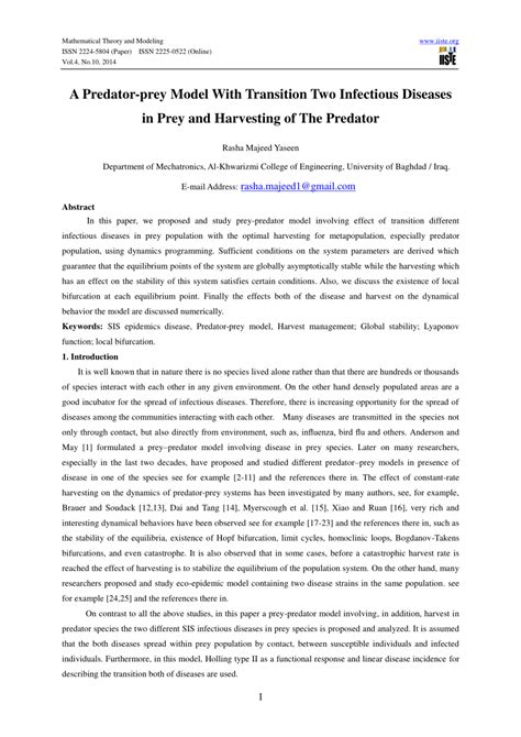 Pdf A Predator Prey Model With Transition Two Infectious Diseases In Prey And Harvesting Of