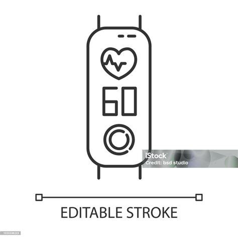 심박수 모니터링 선형 아이콘피트니스 트래커 심장 박동 기호가있는 웰빙 장치 맥박과 피트니스 응용 프로그램 가는 선 그림입니다 등고선 기호입니다 벡터 절연 도면 편집 가능한
