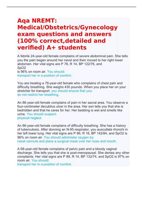 Aqa Nremt Medical Obstetrics Gynecology Exam Questions And Answers 100 Correct Detailed And
