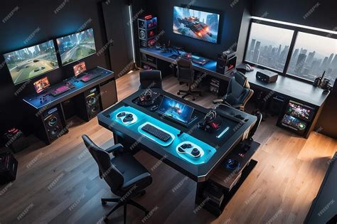 Overhead Desk Layout Focus Comprehensive Gaming Room View Premium Ai