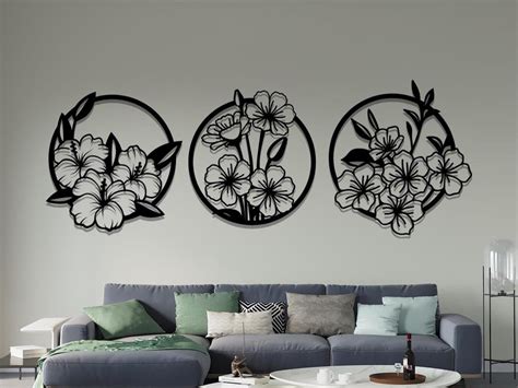 Floral Metal Wall Art Set Modern Flower Decor Black Finish Etsy