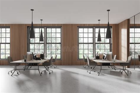 Cozy Workspace Interior With Desk And Pc Monitors Panoramic Window Stock Illustration