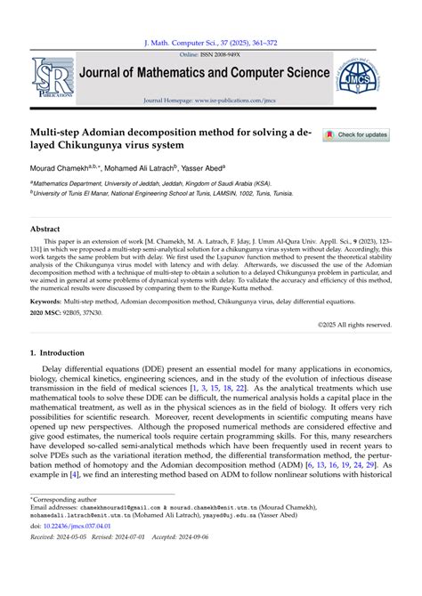Pdf Multi Step Adomian Decomposition Method For Solving A De Layed Chikungunya Virus System