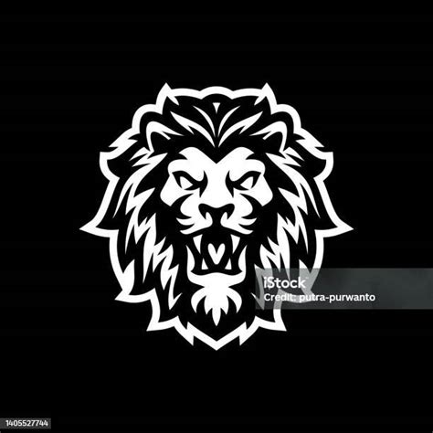화가 나는 사자 머리 라인 아트 또는 실루엣 로고 디자인 어두운 배경에 사자 얼굴 벡터 일러스트 레이 션 갈기에 대한 스톡 벡터