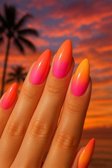Sunset Ombre Almond Nails Ombre Nails Pink And Orange Coral To Pink