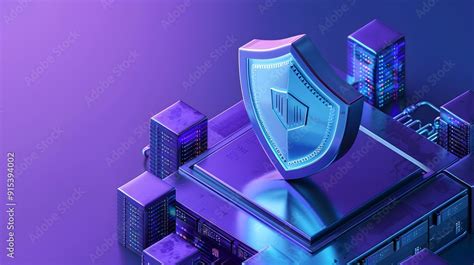 Futuristic Cybersecurity Concept With A Digital Shield Icon Protecting Data Servers In A Neon