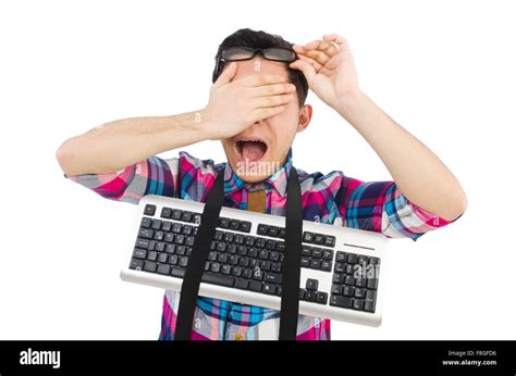 Computer Nerd With Keyboard Isolated On White Stock Photo Alamy