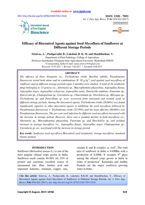 Pdf Efficacy Of Biocontrol Agents Against Seed Mycoflora Of Sunflower At Different Storage Periods