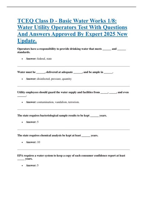 Tceq Class D Basic Water Works 1 8 Water Utility Operators Test With Questions And Answers