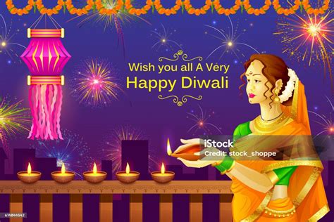 인도의 해피 디왈리 휴가를 위한 디야를 곁들인 인도 여인 디야 램프에 대한 스톡 벡터 아트 및 기타 이미지 디야 램프 계절 규모 Istock