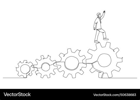 Businessman Stepping From Small Cog To Larger Vector Image