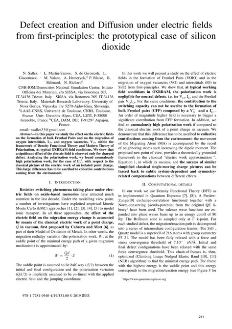Pdf Defect Creation And Diffusion Under Electric Fields From First