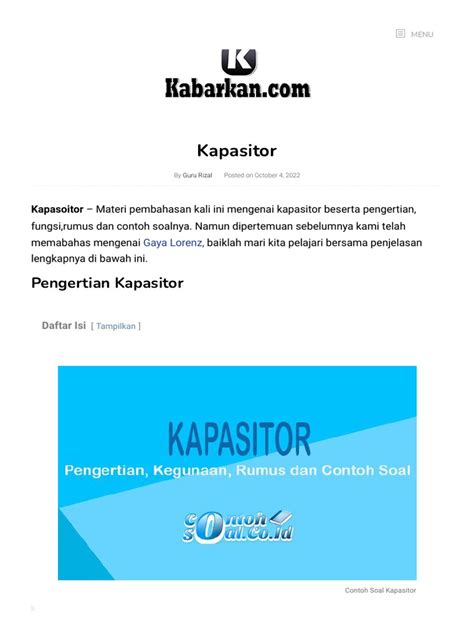 Kapasitor Pengertian Kegunaan Rumus Dan Contoh Soal Pdf
