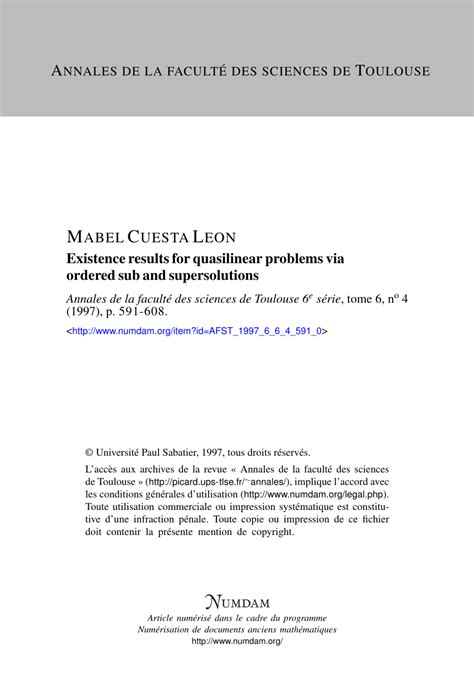 Pdf Existence Results For Quasilinear Problems Via Ordered Sub And