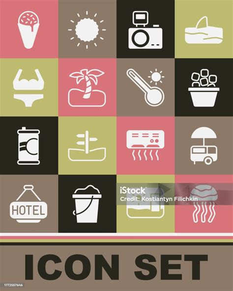 세트 해파리 패스트 스트리트 푸드 카트 얼음 양동이 플래시와 사진 카메라 열 대 야자수 수영복 와플 콘 크림 및 기상 온도계