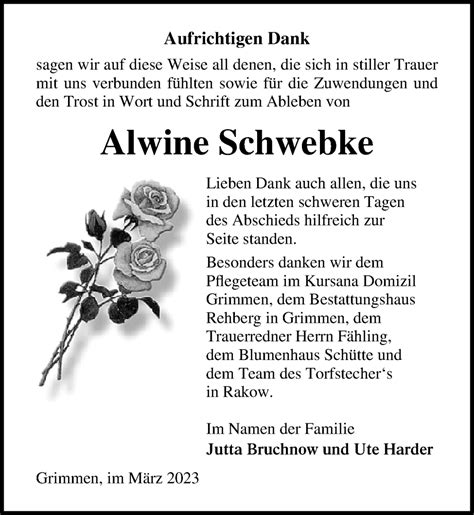 Traueranzeigen Von Alwine Schwebke Trauer Anzeigen De