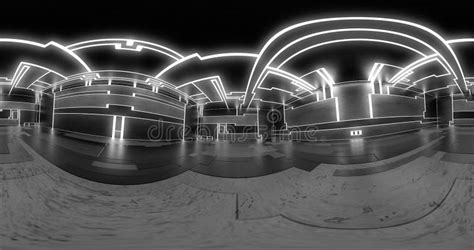 360 Degree Spherical Seamless Vr Panorama Abstract Empty Dark Interior With Neon Lighting Hdri