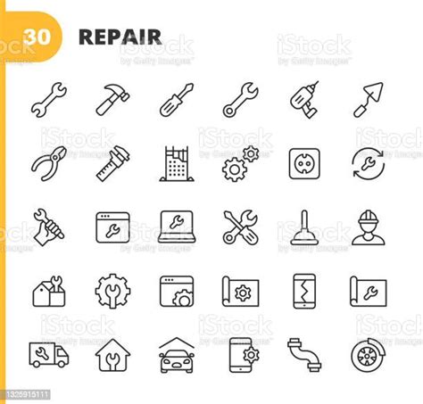 수리 선 아이콘 편집 가능한 스트로크 픽셀 완벽한 모바일 및 웹용 렌치 스크루드라이버 수리 작업 도구 서비스 워크샵 기어 엔지니어링 유지 보수 차고 건설 정비사 개조 엔진