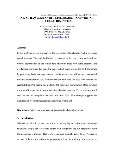 Pdf Abjad Hawwaz An Offline Arabic Handwriting Recognition System