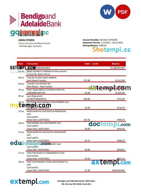 Doctempl Australian Bendigo And Adelaide Bank Bank Statement Months Example In Word And