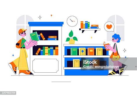 평평한 배경에 공부 독서 교육 자기 계발 및 문학을 위한 학교 도서관 방을 특징으로 하는 서점 벡터 일러스트레이션 건축에 대한 스톡 벡터 아트 및 기타 이미지 Istock