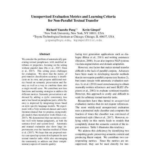 Unsupervised Evaluation Metrics And Learning Criteria For Non Parallel Textual Transfer Acl