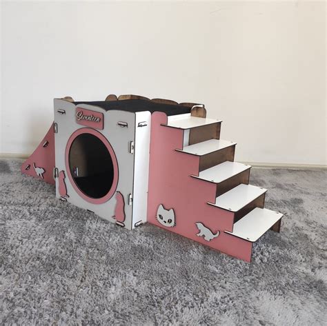 Modern Wooden Cat Castle Pink Cat Playhouse With Ramp And Steps Etsy