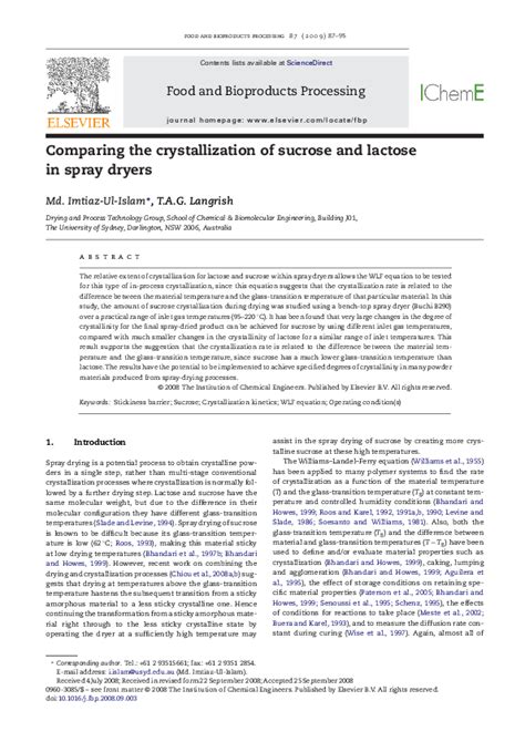 Pdf Comparing The Crystallization Of Sucrose And Lactose In Spray Dryers