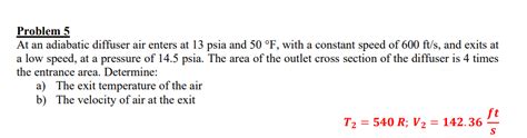 Solved At An Adiabatic Diffuser Air Enters At 13 Psia And