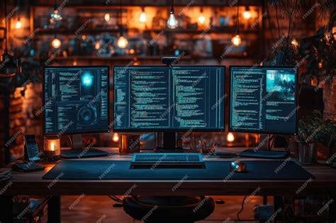 Modern Programmer Desk Setup Featuring Laptop And Multiple Screens With Source Code In Office