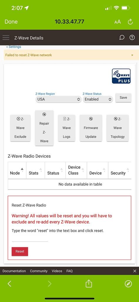 Cannot Reset Zwave Radio 🛎️ Get Help Hubitat