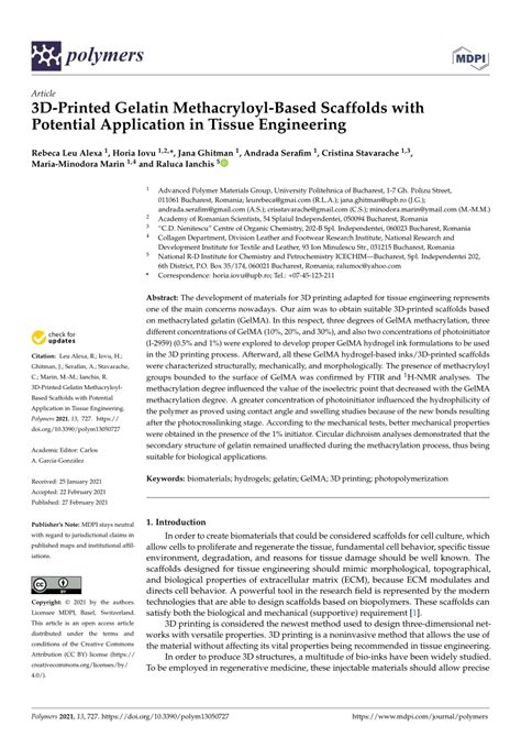 Pdf 3d Printed Gelatin Methacryloyl Based Scaffolds With Potential Application In Tissue