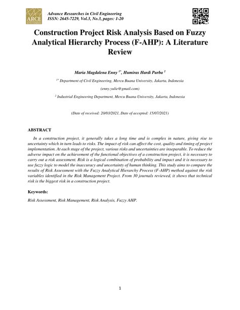 Pdf Construction Project Risk Analysis Based On Fuzzy Analytical Hierarchy Process F Ahp A