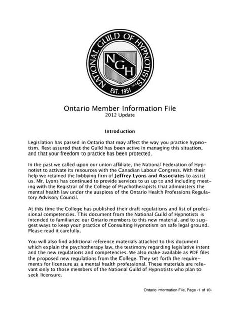 Ontario Documentation File 2012 The National Guild Of Hypnotists Pdf