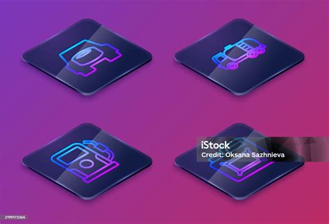 세트 아이소 메트릭 라인 자동차의 스페어 휠 휘발유 또는 주유소 탱커 트럭 및 모터 오일 용 캐니스터 파란색 사각형 버튼입니다 벡터 3차원 형태에 대한 스톡 벡터 아트 및