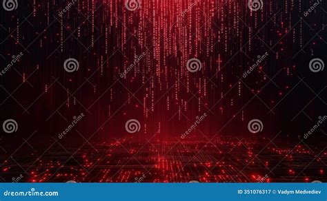 Digital Rain Of Glowing Red Binary Code Falls Against Dark Backdrop Tech Lines Form Futuristic