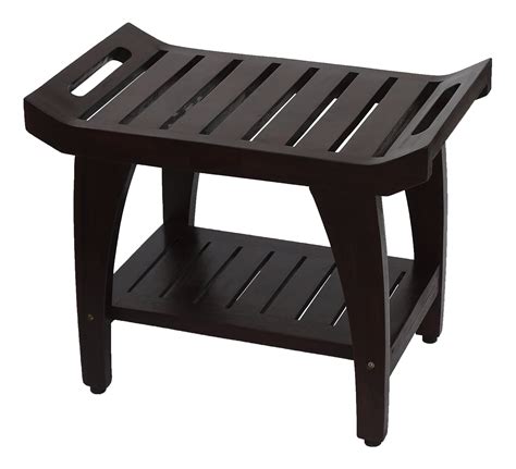 Contemporary Teak Shower Bench With Shelf And Handles In Brown Finish