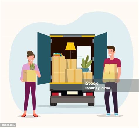 트럭의 트렁크에 상자에 있는 것 들 남자와 여자는 상자를 잡아 이사 집 벡터 평면 스타일 일러스트 이주 개념에 대한 스톡 벡터 아트 및 기타 이미지 Istock