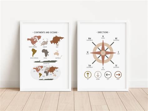 Set Of 2 Neutral Geography Educational Posters Continents Directions
