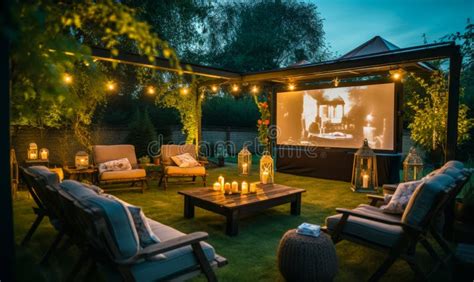 Corporate Garden Cinema String Lights And Projector Screen For Open Air Movie Night Party Setup